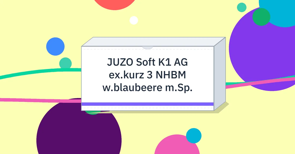 Symbolbild: Packung mit der Aufschrift JUZO Soft K1 AG ex.kurz 3 NHBM w.blaubeere m.Sp. (PZN 15017288) – Verfügbarkeit und Bezug in Apotheken in Frankfurt am Main