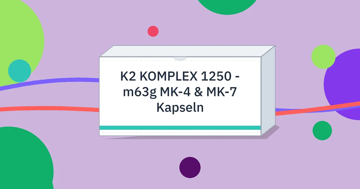 Symbolbild: Packung mit der Aufschrift K2 KOMPLEX 1250 -m63g MK-4 & MK-7 Kapseln (PZN 13863702) – Verfügbarkeit und Bezug in Apotheken in Frankfurt am Main