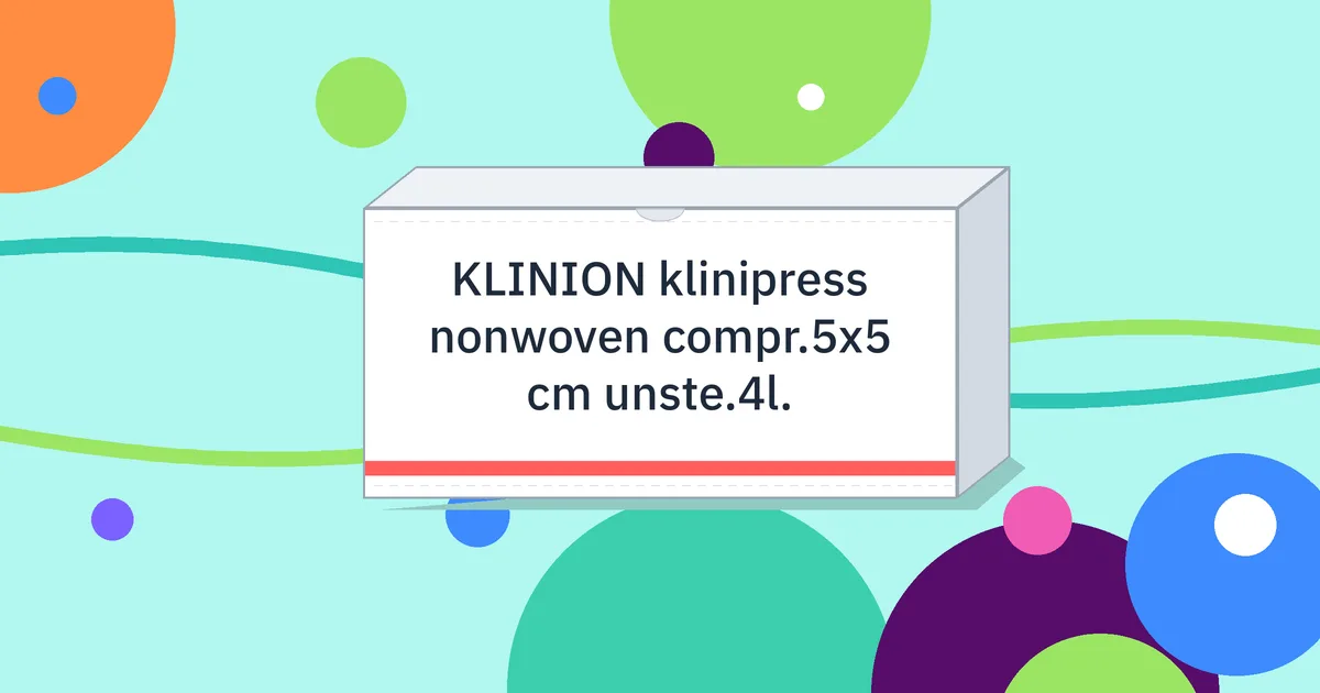 Symbolbild: Packung mit der Aufschrift KLINION klinipress nonwoven compr.5x5 cm unste.4l. (PZN 19520825) – Verfügbarkeit und Bezug in Apotheken in Frankfurt am Main
