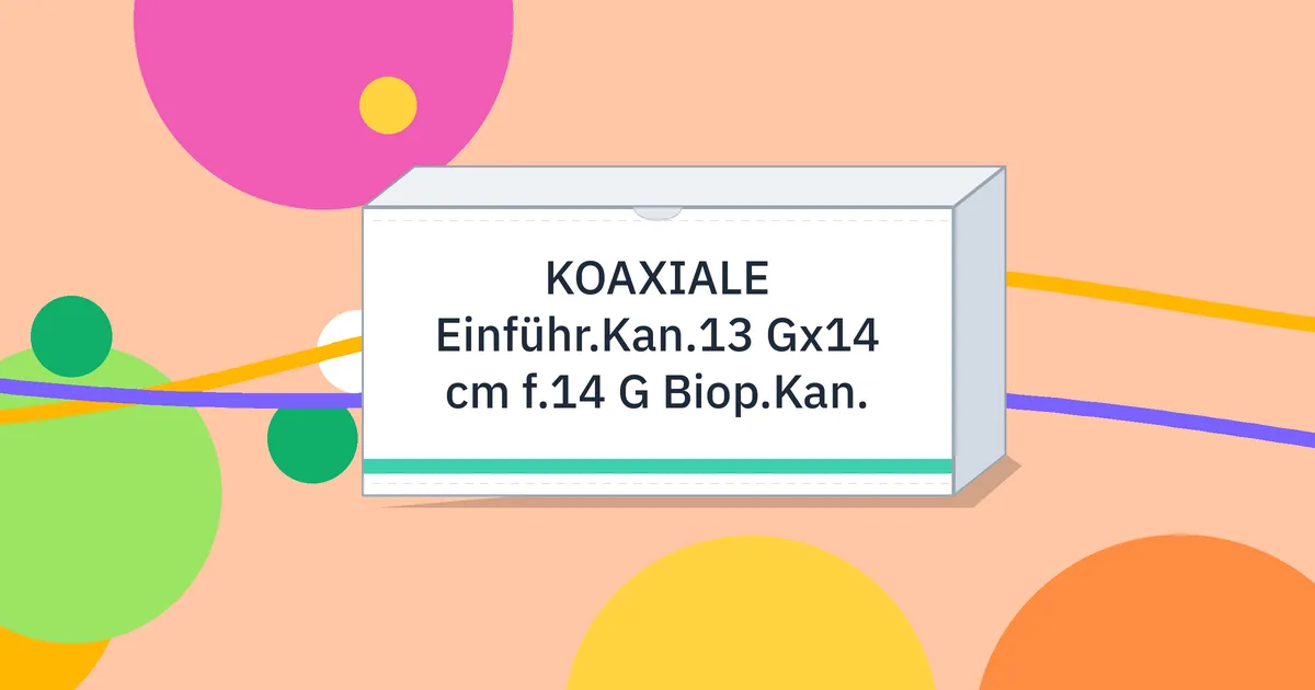 Symbolbild: Packung mit der Aufschrift KOAXIALE Einführ.Kan.13 Gx14 cm f.14 G Biop.Kan. (PZN 06124826) – Verfügbarkeit und Bezug in Apotheken in Frankfurt am Main