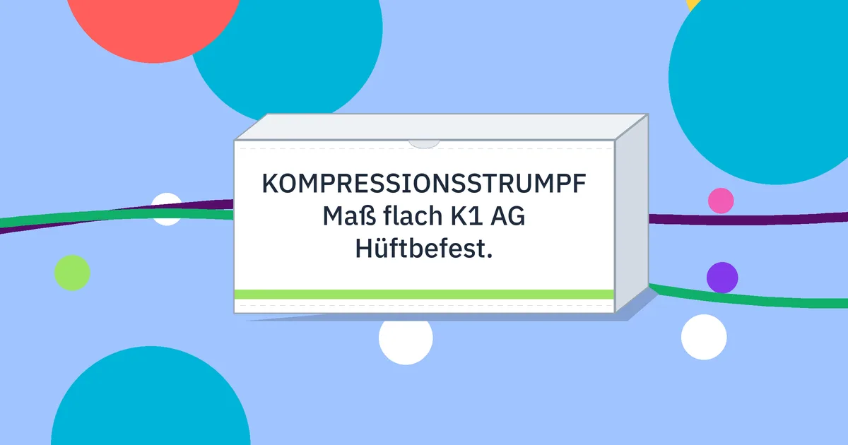 Symbolbild: Packung mit der Aufschrift KOMPRESSIONSSTRUMPF Maß flach K1 AG Hüftbefest. (PZN 16745564) – Verfügbarkeit und Bezug in Apotheken in Frankfurt am Main
