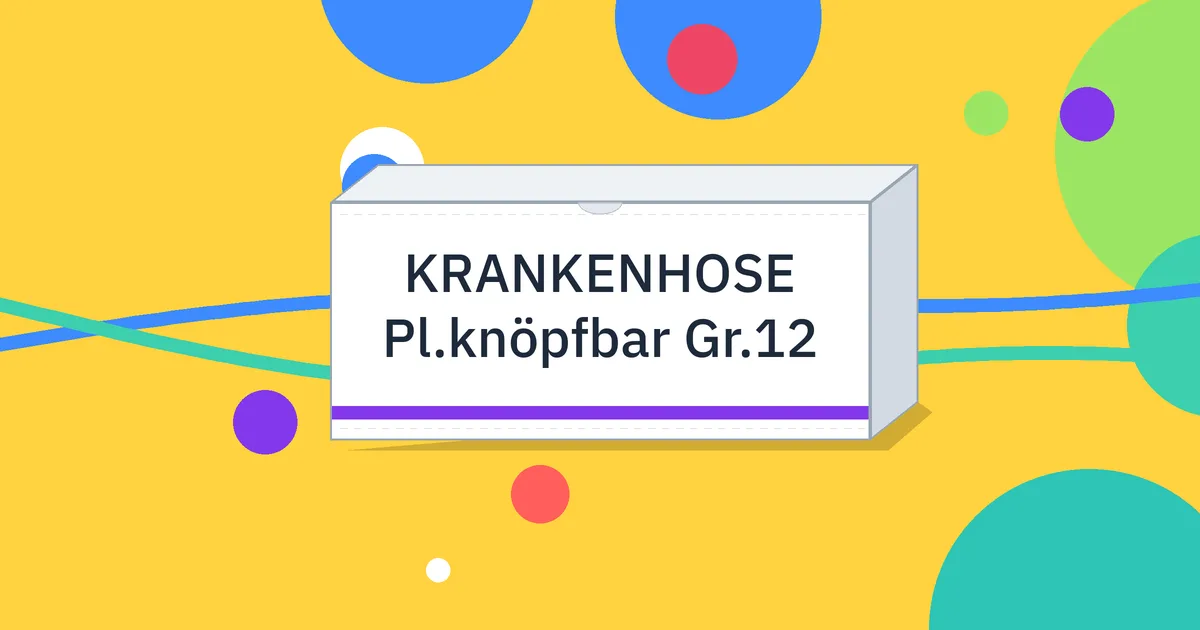 Symbolbild: Packung mit der Aufschrift KRANKENHOSE Pl.knöpfbar Gr.12 (PZN 01979500) – Verfügbarkeit und Bezug in Apotheken in Frankfurt am Main