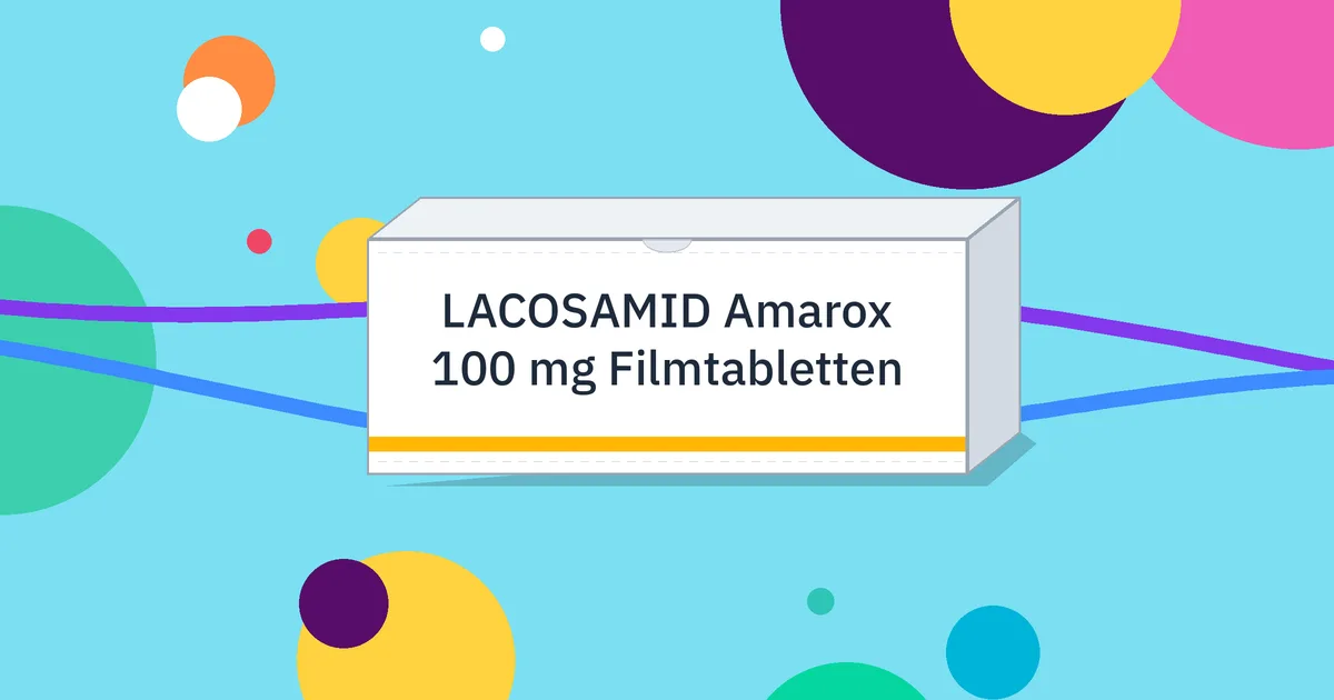 Symbolbild: Packung mit der Aufschrift LACOSAMID Amarox 100 mg Filmtabletten (PZN 18138472) – Verfügbarkeit und Bezug in Apotheken in Frankfurt am Main