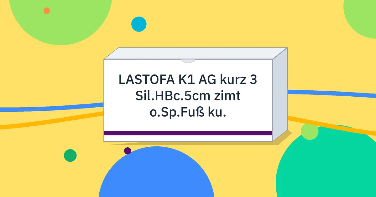 Symbolbild: Packung mit der Aufschrift LASTOFA K1 AG kurz 3 Sil.HBc.5cm zimt o.Sp.Fuß ku. (PZN 13790972) – Verfügbarkeit und Bezug in Apotheken in Frankfurt am Main