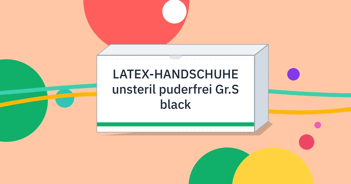 Symbolbild: Packung mit der Aufschrift LATEX-HANDSCHUHE unsteril puderfrei Gr.S black (PZN 01288486) – Verfügbarkeit und Bezug in Apotheken in Frankfurt am Main