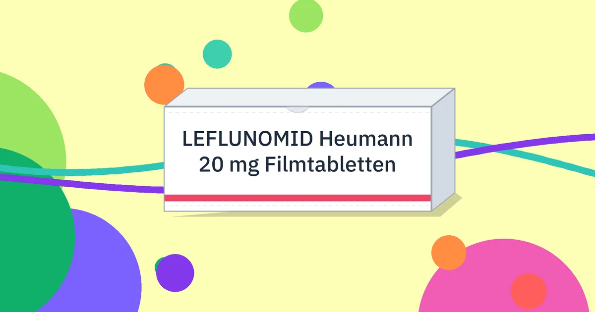 Symbolbild: Packung mit der Aufschrift LEFLUNOMID Heumann 20 mg Filmtabletten (PZN 13725621) – Verfügbarkeit und Bezug in Apotheken in Frankfurt am Main