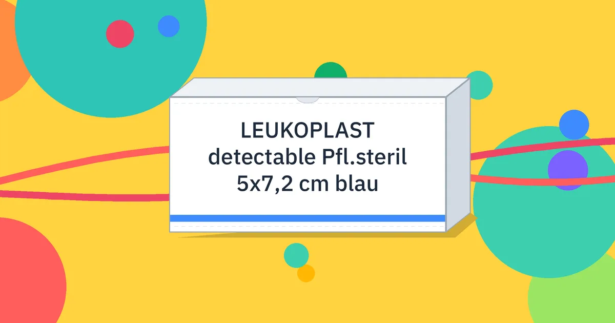 Symbolbild: Packung mit der Aufschrift LEUKOPLAST detectable Pfl.steril 5x7,2 cm blau (PZN 19882936) – Verfügbarkeit und Bezug in Apotheken in Frankfurt am Main
