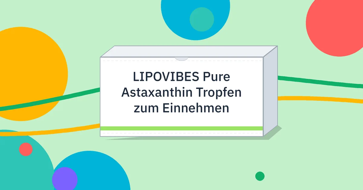 Symbolbild: Packung mit der Aufschrift LIPOVIBES Pure Astaxanthin Tropfen zum Einnehmen (PZN 17879918) – Verfügbarkeit und Bezug in Apotheken in Frankfurt am Main