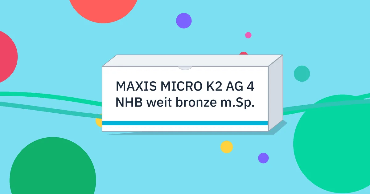 Symbolbild: Packung mit der Aufschrift MAXIS MICRO K2 AG 4 NHB weit bronze m.Sp. (PZN 17674116) – Verfügbarkeit und Bezug in Apotheken in Frankfurt am Main