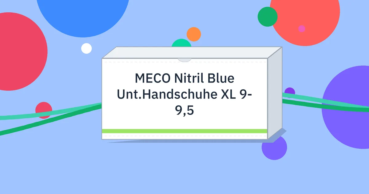 Symbolbild: Packung mit der Aufschrift MECO Nitril Blue Unt.Handschuhe XL 9-9,5 (PZN 19833599) – Verfügbarkeit und Bezug in Apotheken in Frankfurt am Main