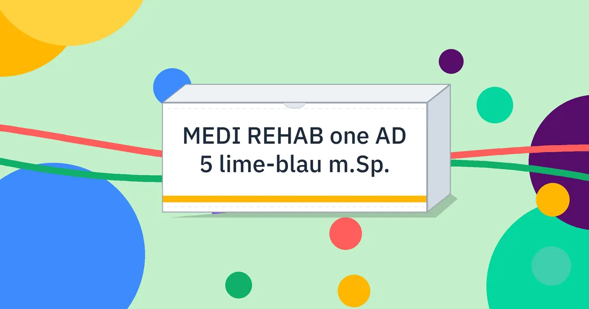 Symbolbild: Packung mit der Aufschrift MEDI REHAB one AD 5 lime-blau m.Sp. (PZN 16753411) – Verfügbarkeit und Bezug in Apotheken in Frankfurt am Main