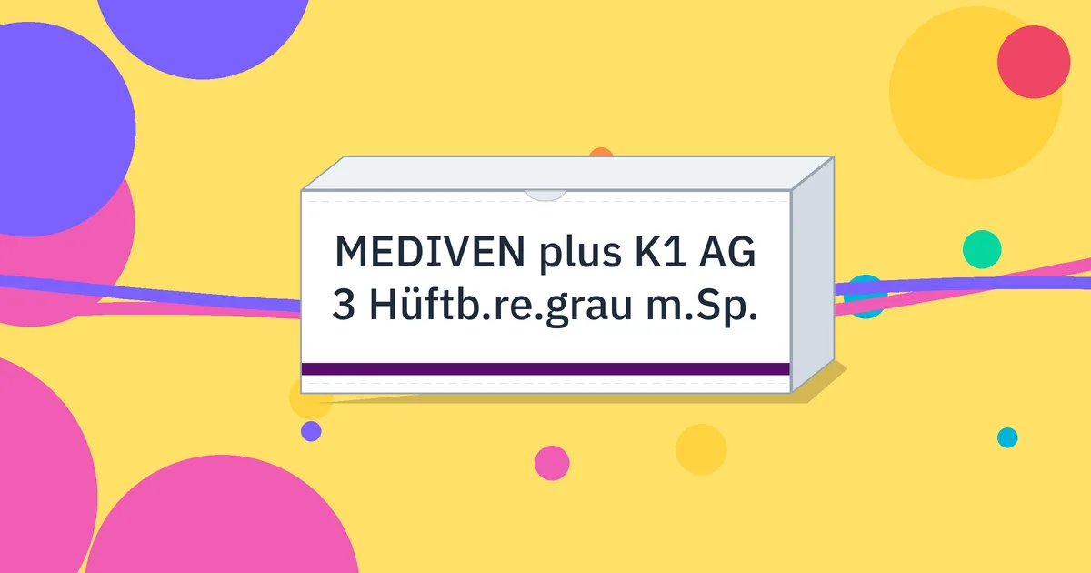 Symbolbild: Packung mit der Aufschrift MEDIVEN plus K1 AG 3 Hüftb.re.grau m.Sp. (PZN 18938942) – Verfügbarkeit und Bezug in Apotheken in Frankfurt am Main