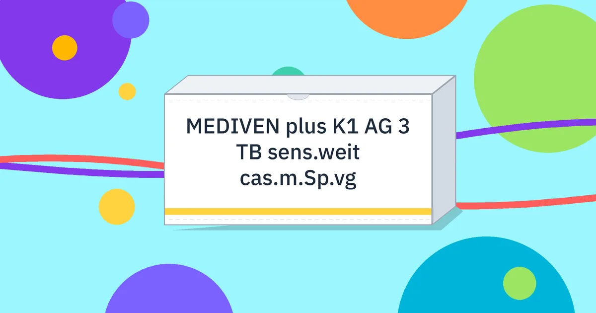 Symbolbild: Packung mit der Aufschrift MEDIVEN plus K1 AG 3 TB sens.weit cas.m.Sp.vg (PZN 15065169) – Verfügbarkeit und Bezug in Apotheken in Frankfurt am Main