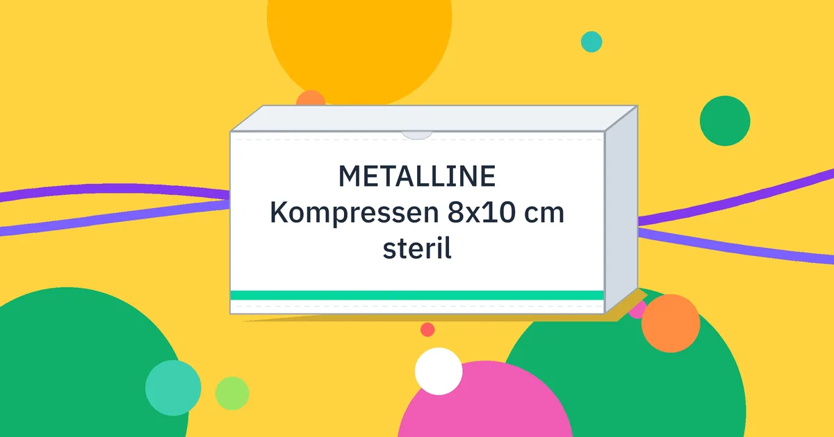 Symbolbild: Packung mit der Aufschrift METALLINE Kompressen 8x10 cm steril (PZN 19813102) – Verfügbarkeit und Bezug in Apotheken in Frankfurt am Main