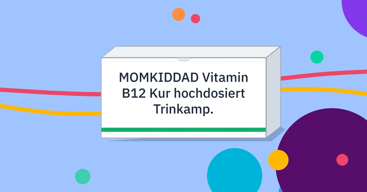 Symbolbild: Packung mit der Aufschrift MOMKIDDAD Vitamin B12 Kur hochdosiert Trinkamp. (PZN 17925222) – Verfügbarkeit und Bezug in Apotheken in Frankfurt am Main