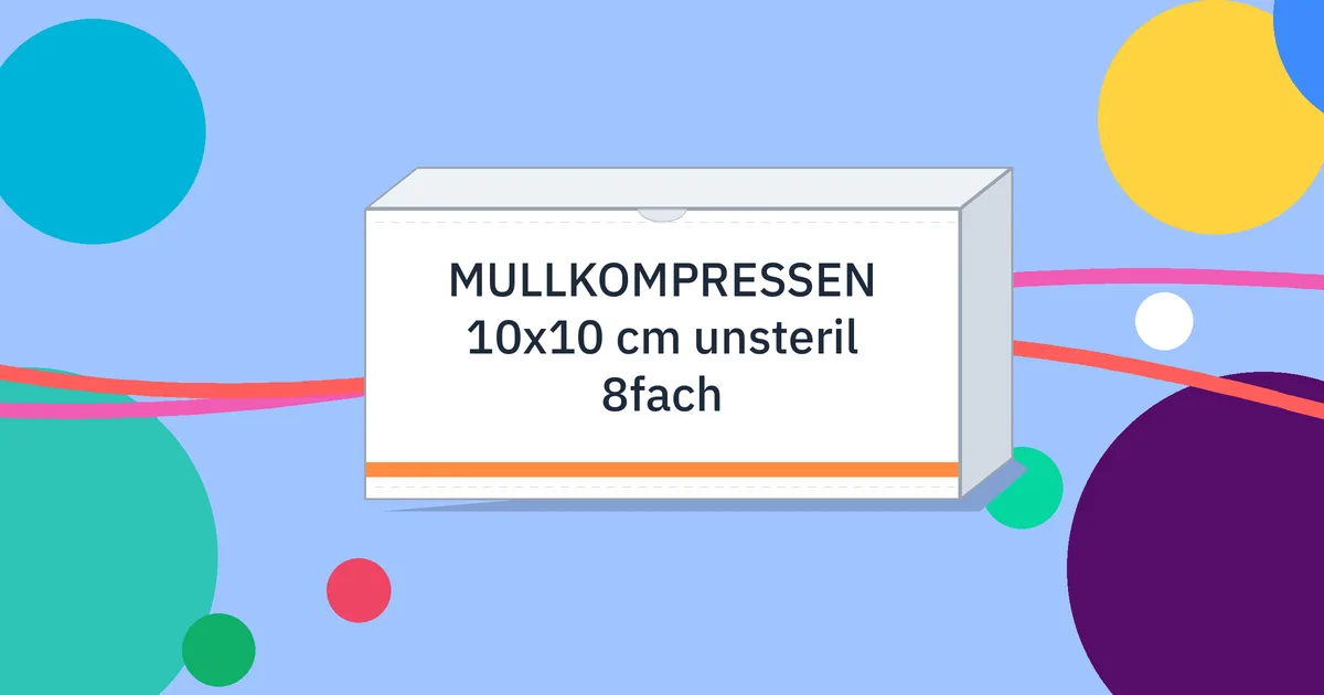 Symbolbild: Packung mit der Aufschrift MULLKOMPRESSEN 10x10 cm unsteril 8fach (PZN 08888723) – Verfügbarkeit und Bezug in Apotheken in Frankfurt am Main