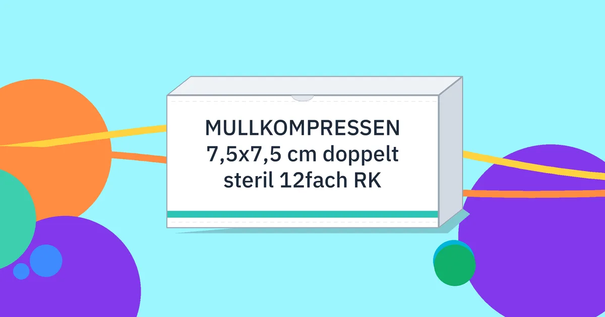 Symbolbild: Packung mit der Aufschrift MULLKOMPRESSEN 7,5x7,5 cm doppelt steril 12fach RK (PZN 12348866) – Verfügbarkeit und Bezug in Apotheken in Frankfurt am Main