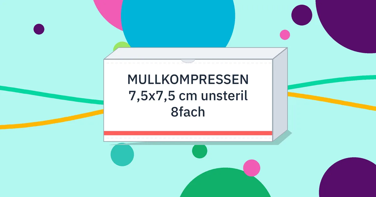 Symbolbild: Packung mit der Aufschrift MULLKOMPRESSEN 7,5x7,5 cm unsteril 8fach (PZN 08698885) – Verfügbarkeit und Bezug in Apotheken in Frankfurt am Main