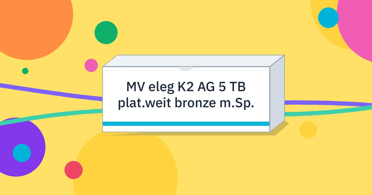 Symbolbild: Packung mit der Aufschrift MV eleg K2 AG 5 TB plat.weit bronze m.Sp. (PZN 14718379) – Verfügbarkeit und Bezug in Apotheken in Frankfurt am Main