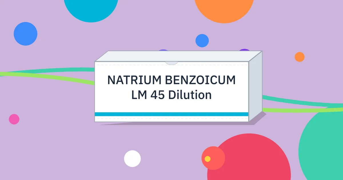 Symbolbild: Packung mit der Aufschrift NATRIUM BENZOICUM LM 45 Dilution (PZN 12960047) – Verfügbarkeit und Bezug in Apotheken in Frankfurt am Main