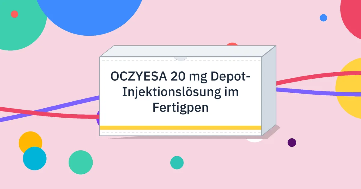 Symbolbild: Packung mit der Aufschrift OCZYESA 20 mg Depot-Injektionslösung im Fertigpen (PZN 19990169) – Verfügbarkeit und Bezug in Apotheken in Frankfurt am Main