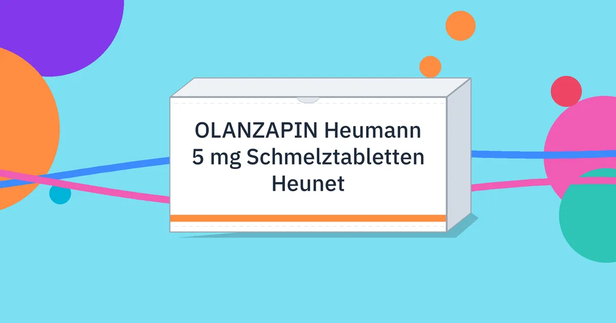 Symbolbild: Packung mit der Aufschrift OLANZAPIN Heumann 5 mg Schmelztabletten Heunet (PZN 09100074) – Verfügbarkeit und Bezug in Apotheken in Frankfurt am Main