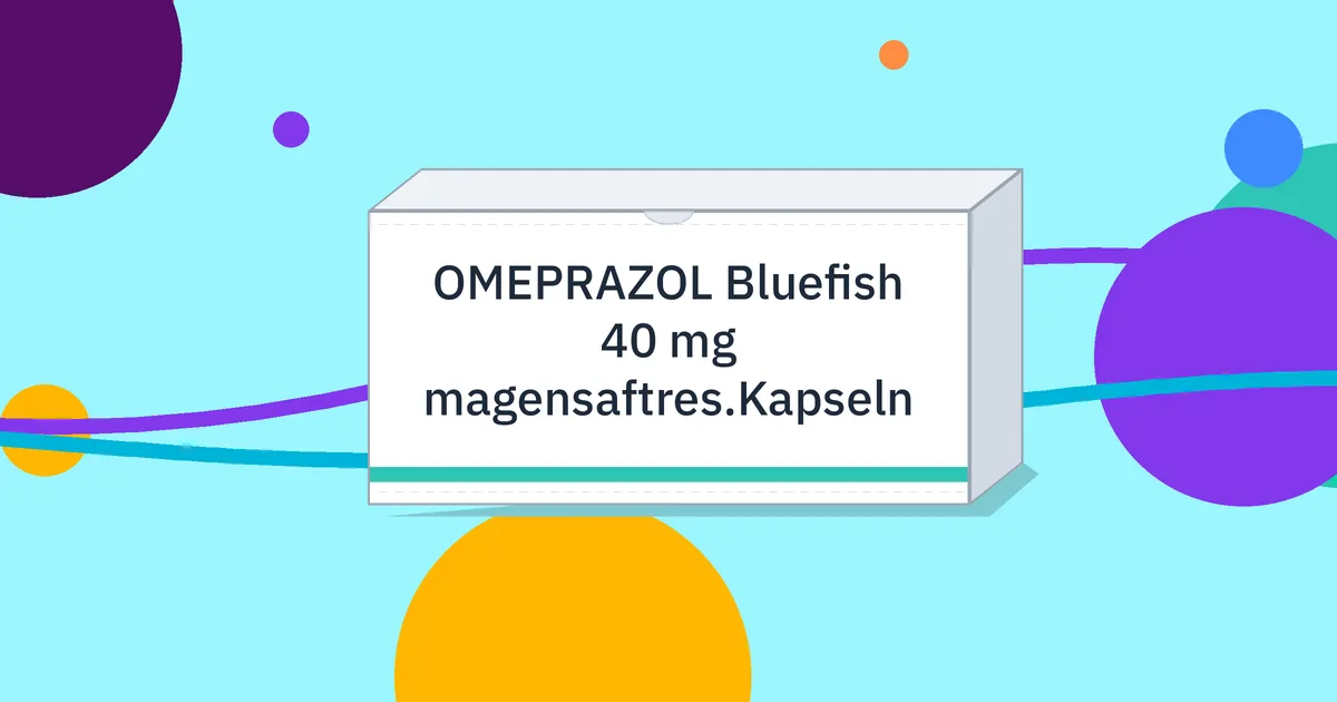 Symbolbild: Packung mit der Aufschrift OMEPRAZOL Bluefish 40 mg magensaftres.Kapseln (PZN 06881036) – Verfügbarkeit und Bezug in Apotheken in Frankfurt am Main