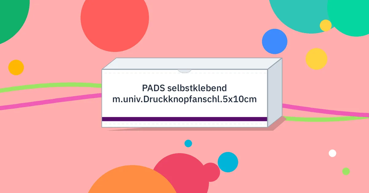 Symbolbild: Packung mit der Aufschrift PADS selbstklebend m.univ.Druckknopfanschl.5x10cm (PZN 17871644) – Verfügbarkeit und Bezug in Apotheken in Frankfurt am Main