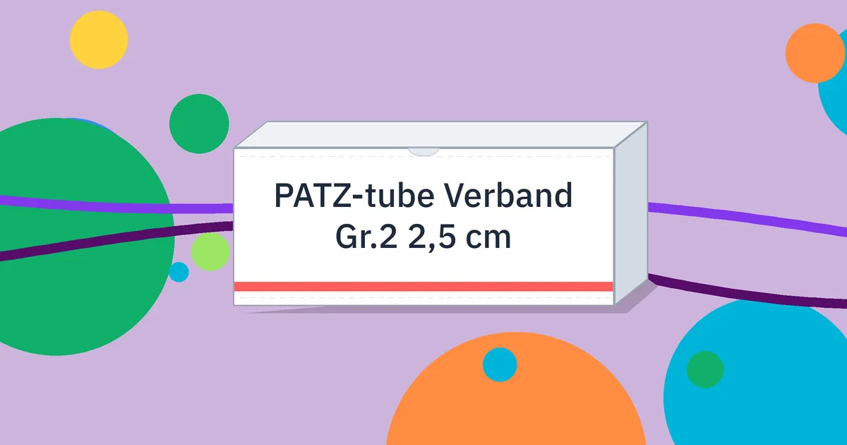 Symbolbild: Packung mit der Aufschrift PATZ-tube Verband Gr.2 2,5 cm (PZN 06815080) – Verfügbarkeit und Bezug in Apotheken in Frankfurt am Main