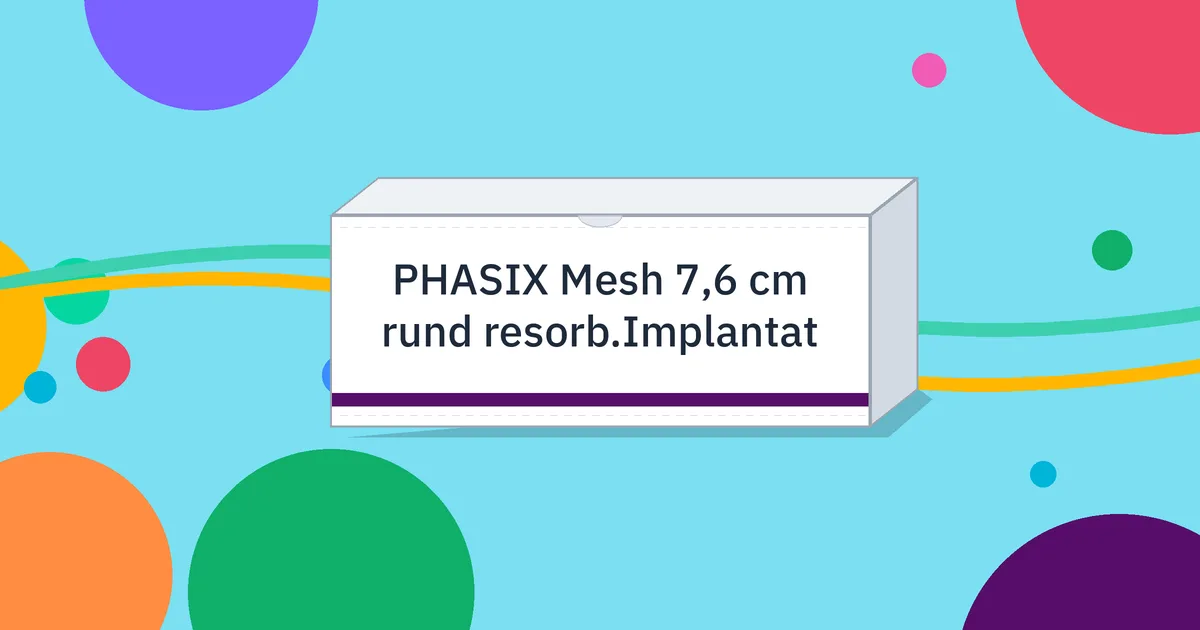 Symbolbild: Packung mit der Aufschrift PHASIX Mesh 7,6 cm rund resorb.Implantat (PZN 11228249) – Verfügbarkeit und Bezug in Apotheken in Frankfurt am Main