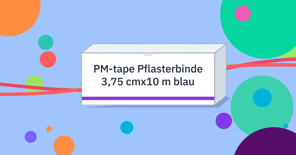 Symbolbild: Packung mit der Aufschrift PM-tape Pflasterbinde 3,75 cmx10 m blau (PZN 18846714) – Verfügbarkeit und Bezug in Apotheken in Frankfurt am Main