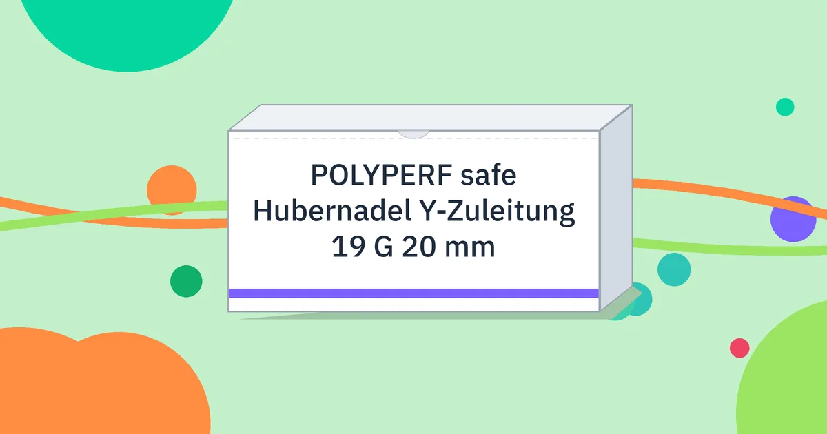 Symbolbild: Packung mit der Aufschrift POLYPERF safe Hubernadel Y-Zuleitung 19 G 20 mm (PZN 18114000) – Verfügbarkeit und Bezug in Apotheken in Frankfurt am Main