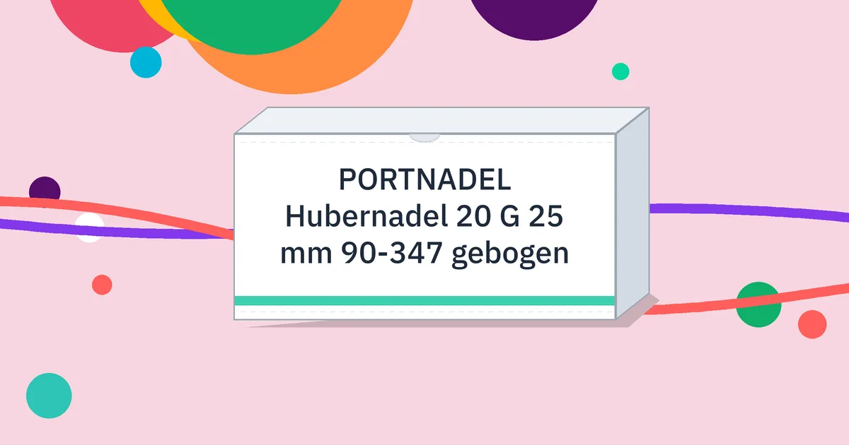 Symbolbild: Packung mit der Aufschrift PORTNADEL Hubernadel 20 G 25 mm 90-347 gebogen (PZN 02756788) – Verfügbarkeit und Bezug in Apotheken in Frankfurt am Main