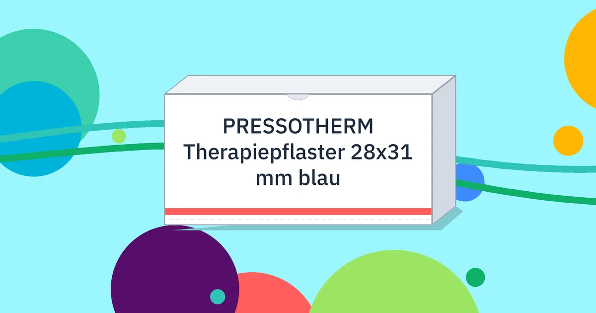 Symbolbild: Packung mit der Aufschrift PRESSOTHERM Therapiepflaster 28x31 mm blau (PZN 11109941) – Verfügbarkeit und Bezug in Apotheken in Frankfurt am Main
