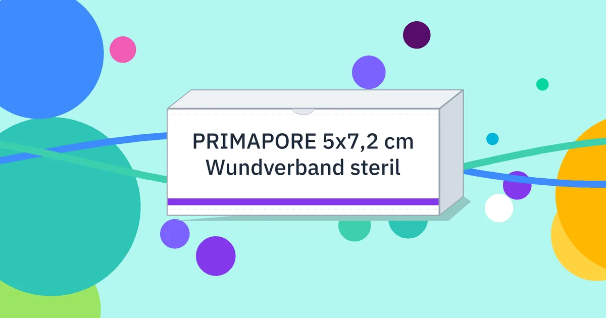Symbolbild: Packung mit der Aufschrift PRIMAPORE 5x7,2 cm Wundverband steril (PZN 01293501) – Verfügbarkeit und Bezug in Apotheken in Frankfurt am Main