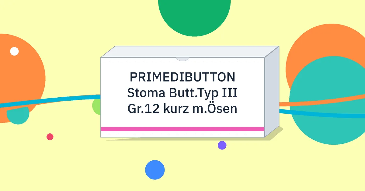 Symbolbild: Packung mit der Aufschrift PRIMEDIBUTTON Stoma Butt.Typ III Gr.12 kurz m.Ösen (PZN 10791563) – Verfügbarkeit und Bezug in Apotheken in Frankfurt am Main