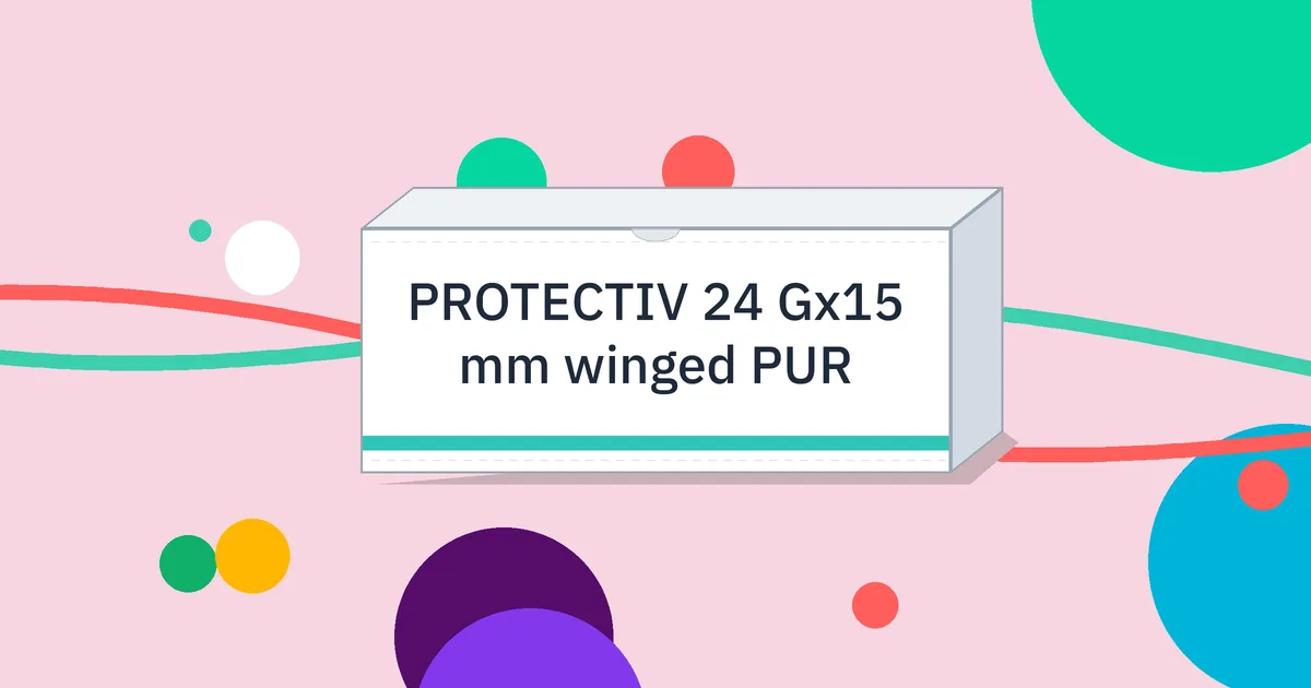 Symbolbild: Packung mit der Aufschrift PROTECTIV 24 Gx15 mm winged PUR (PZN 06447386) – Verfügbarkeit und Bezug in Apotheken in Frankfurt am Main