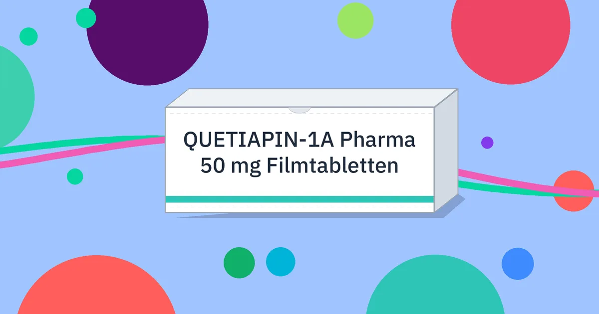 Symbolbild: Packung mit der Aufschrift QUETIAPIN-1A Pharma 50 mg Filmtabletten (PZN 09494558) – Verfügbarkeit und Bezug in Apotheken in Frankfurt am Main