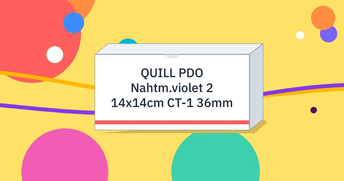 Symbolbild: Packung mit der Aufschrift QUILL PDO Nahtm.violet 2 14x14cm CT-1 36mm (PZN 17989311) – Verfügbarkeit und Bezug in Apotheken in Frankfurt am Main