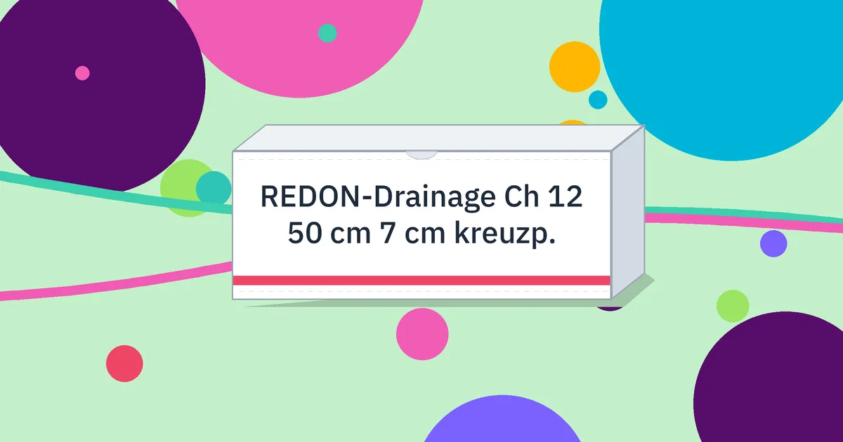Symbolbild: Packung mit der Aufschrift REDON-Drainage Ch 12 50 cm 7 cm kreuzp. (PZN 17483818) – Verfügbarkeit und Bezug in Apotheken in Frankfurt am Main