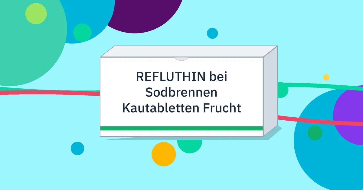 Symbolbild: Packung mit der Aufschrift REFLUTHIN bei Sodbrennen Kautabletten Frucht (PZN 16011276) – Verfügbarkeit und Bezug in Apotheken in Frankfurt am Main