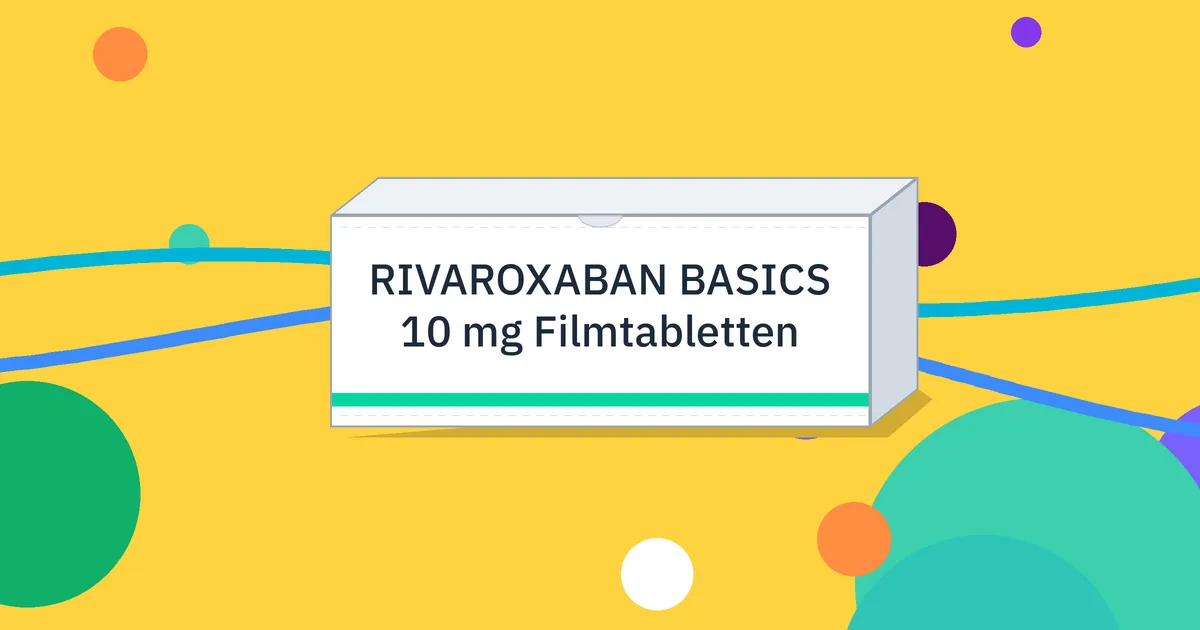 Symbolbild: Packung mit der Aufschrift RIVAROXABAN BASICS 10 mg Filmtabletten (PZN 18838933) – Verfügbarkeit und Bezug in Apotheken in Frankfurt am Main
