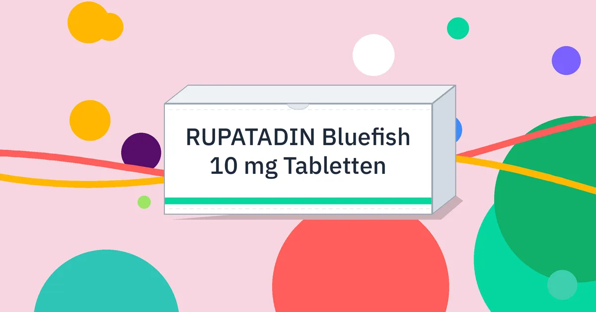 Symbolbild: Packung mit der Aufschrift RUPATADIN Bluefish 10 mg Tabletten (PZN 13247883) – Verfügbarkeit und Bezug in Apotheken in Frankfurt am Main