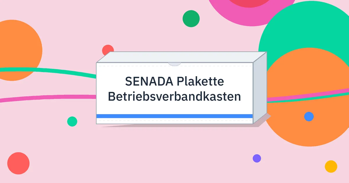 Symbolbild: Packung mit der Aufschrift SENADA Plakette Betriebsverbandkasten (PZN 00573902) – Verfügbarkeit und Bezug in Apotheken in Frankfurt am Main