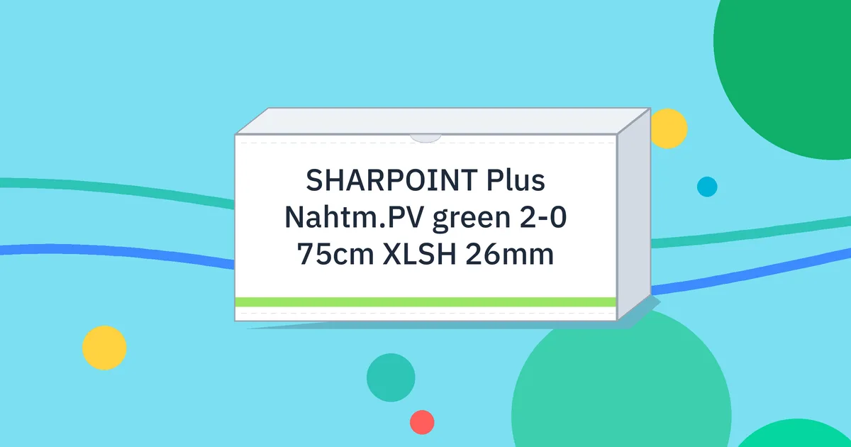 Symbolbild: Packung mit der Aufschrift SHARPOINT Plus Nahtm.PV green 2-0 75cm XLSH 26mm (PZN 17996357) – Verfügbarkeit und Bezug in Apotheken in Frankfurt am Main