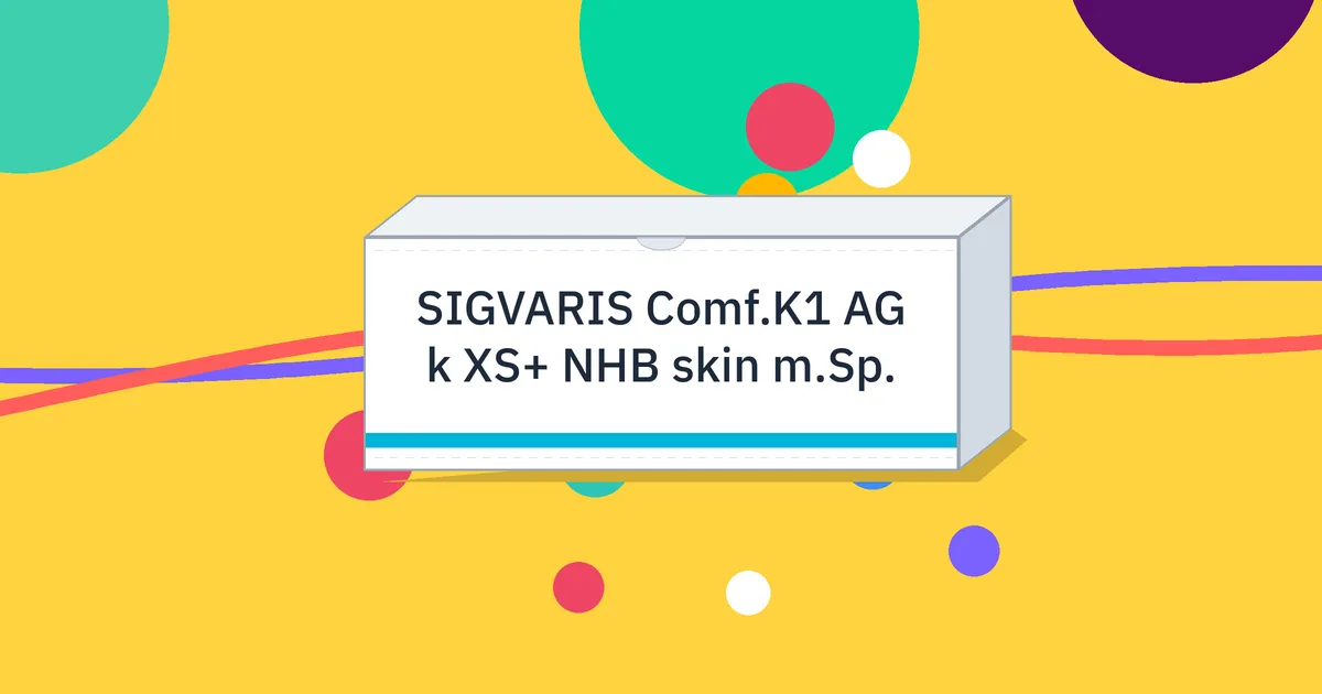 Symbolbild: Packung mit der Aufschrift SIGVARIS Comf.K1 AG k XS+ NHB skin m.Sp. (PZN 17098405) – Verfügbarkeit und Bezug in Apotheken in Frankfurt am Main