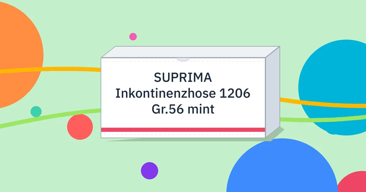 Symbolbild: Packung mit der Aufschrift SUPRIMA Inkontinenzhose 1206 Gr.56 mint (PZN 07632536) – Verfügbarkeit und Bezug in Apotheken in Frankfurt am Main