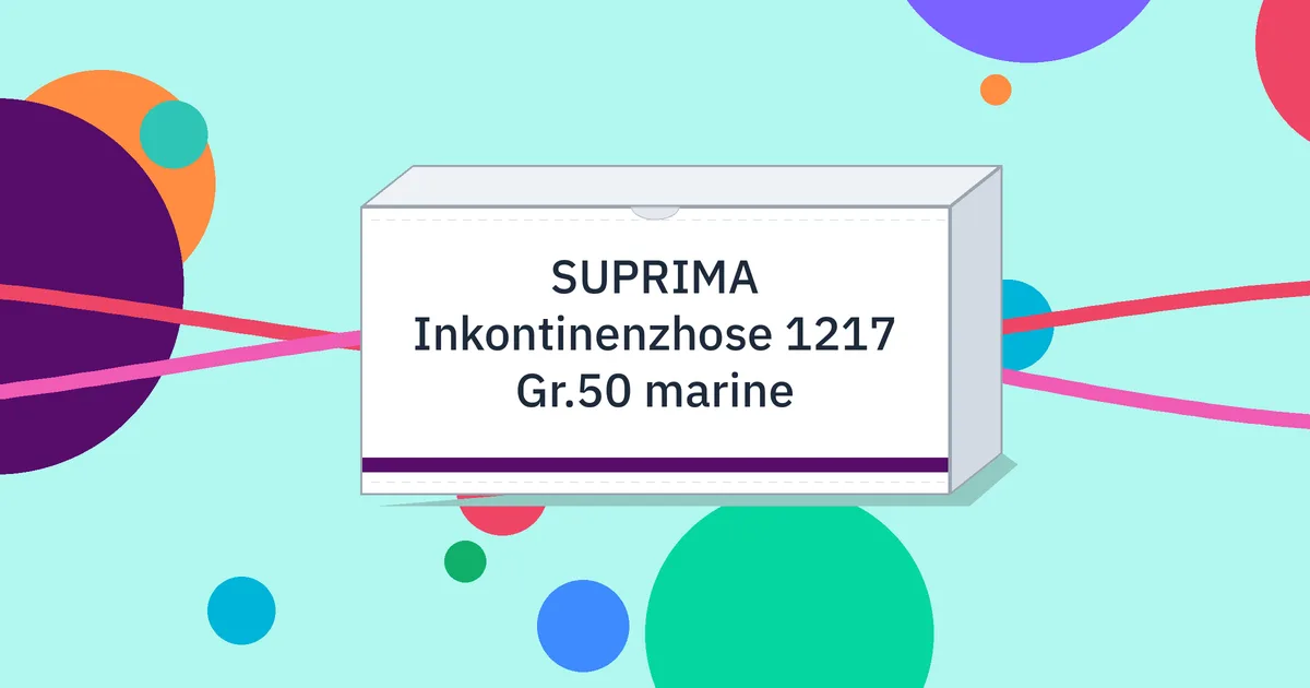 Symbolbild: Packung mit der Aufschrift SUPRIMA Inkontinenzhose 1217 Gr.50 marine (PZN 19174375) – Verfügbarkeit und Bezug in Apotheken in Frankfurt am Main