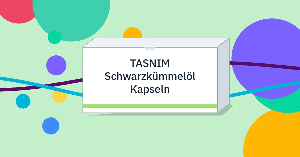 Symbolbild: Packung mit der Aufschrift TASNIM Schwarzkümmelöl Kapseln (PZN 17366030) – Verfügbarkeit und Bezug in Apotheken in Frankfurt am Main