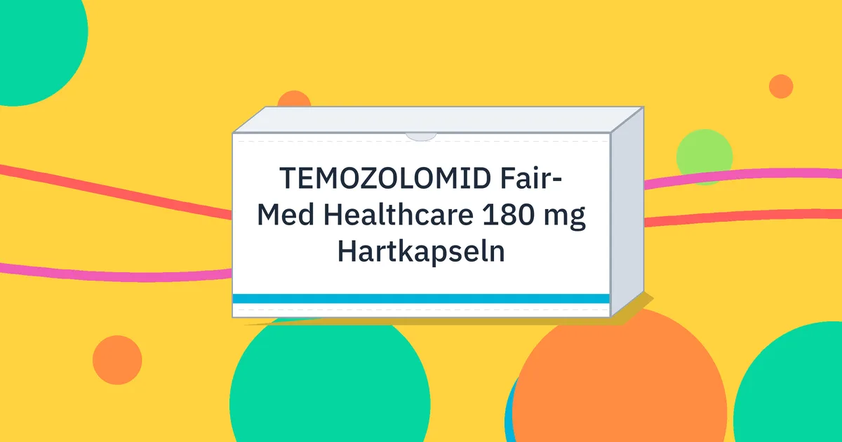 Symbolbild: Packung mit der Aufschrift TEMOZOLOMID Fair-Med Healthcare 180 mg Hartkapseln (PZN 14168051) – Verfügbarkeit und Bezug in Apotheken in Frankfurt am Main